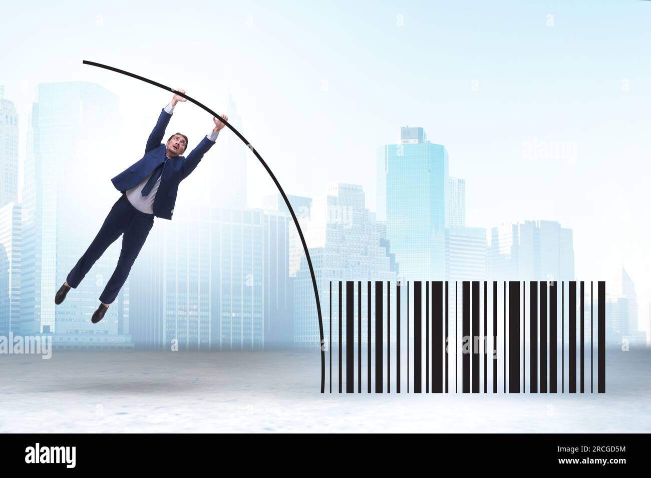 Businessman jumping over bar code in the pole vaulting Stock Photo - Alamy