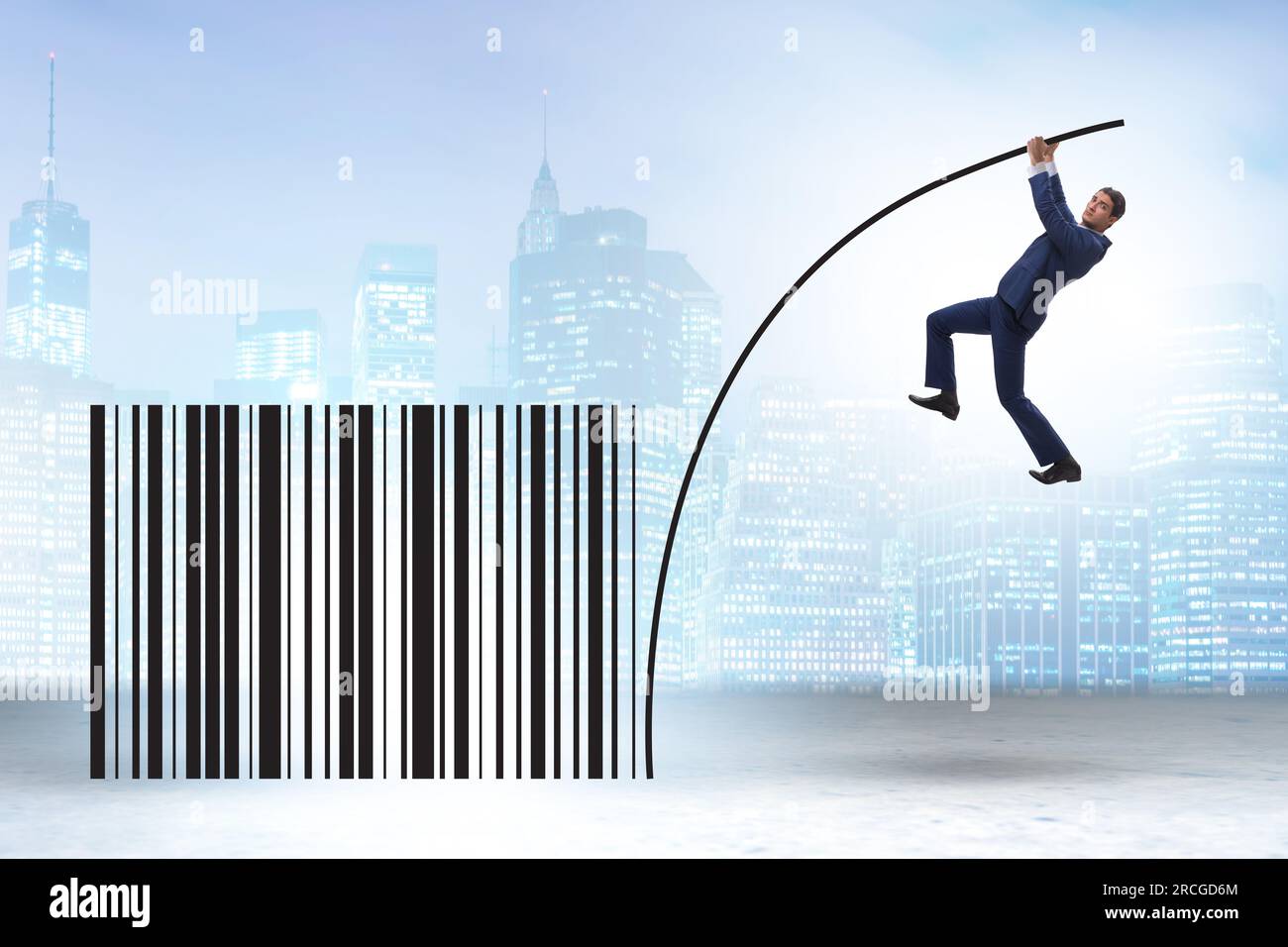 Businessman jumping over bar code in the pole vaulting Stock Photo - Alamy