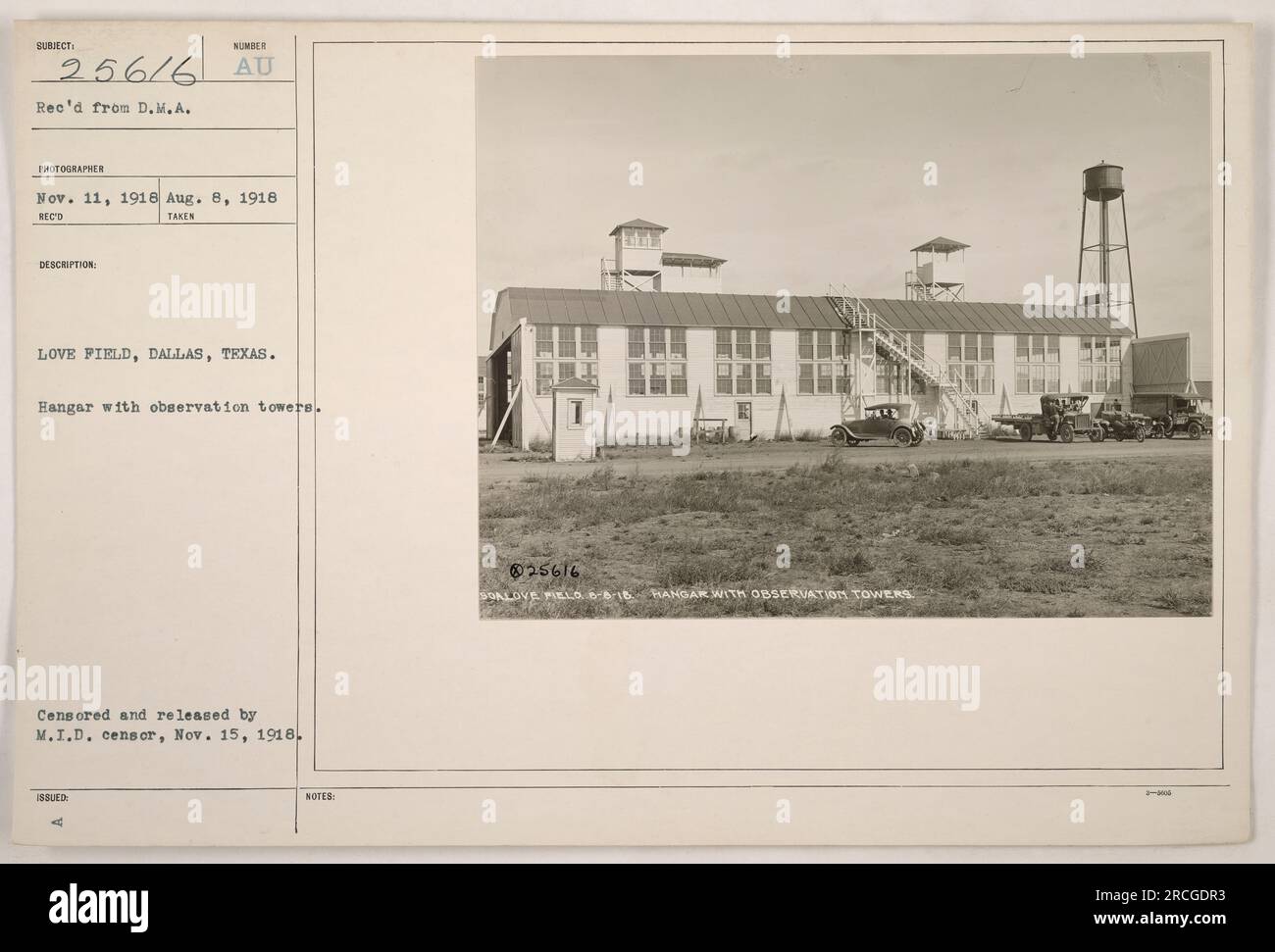 "Hangar with observation towers at Love Field, Dallas, Texas. The image ...