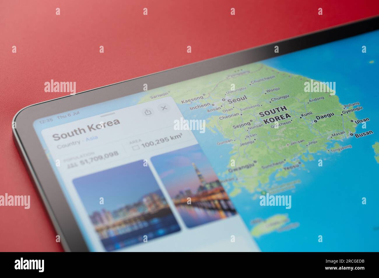 New York, USA - July 6, 2023: South Korea country shape on map ipad ...