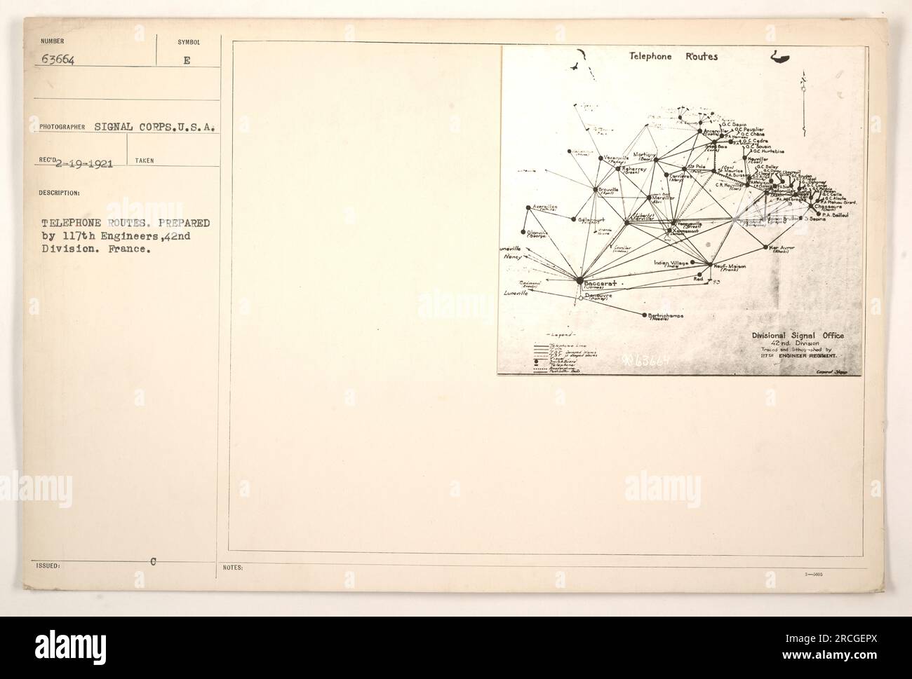 Photograph showing a map of telephone routes prepared by the 117th ...