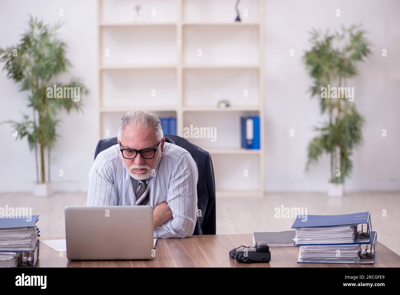 Old boss employee and too much work at workplace Stock Photo - Alamy