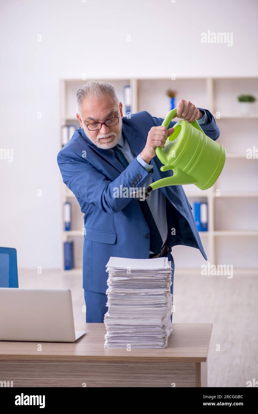 Old businessman employee watering papers by can Stock Photo - Alamy
