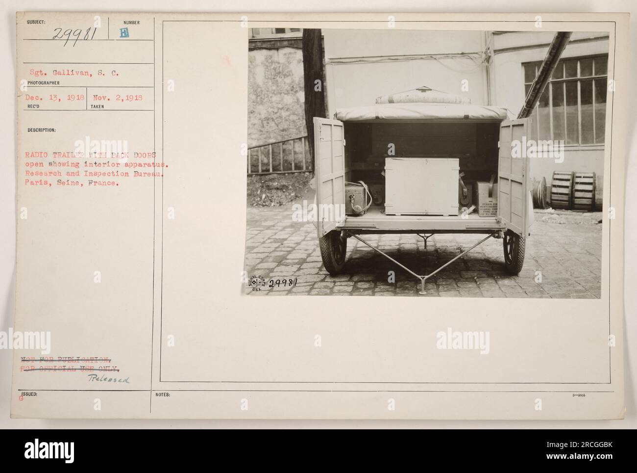 Radio trailer with back doors open, revealing the interior apparatus ...