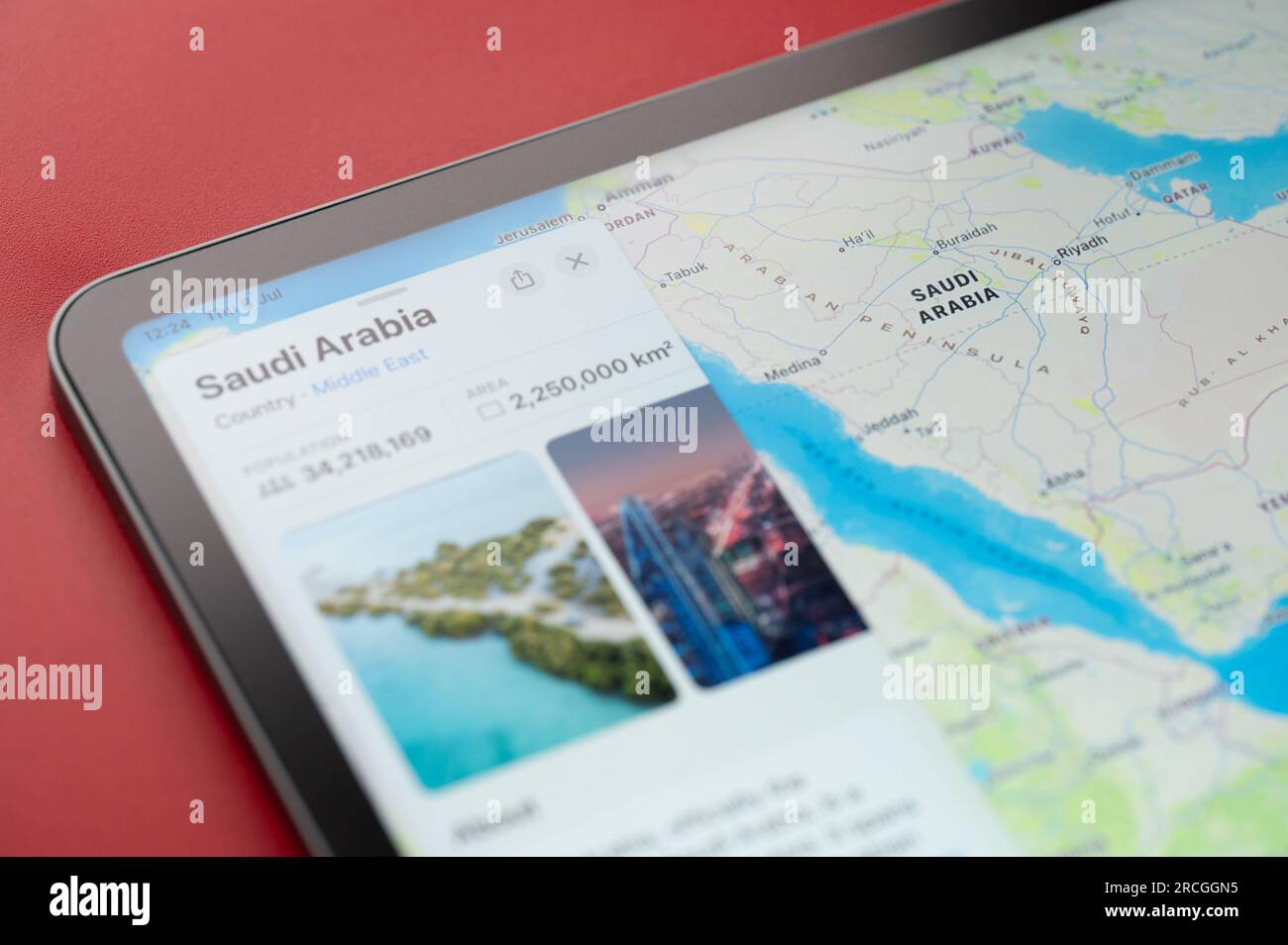 New York, USA - July 6, 2023: Saudi Arabia country on map of apple ipad ...