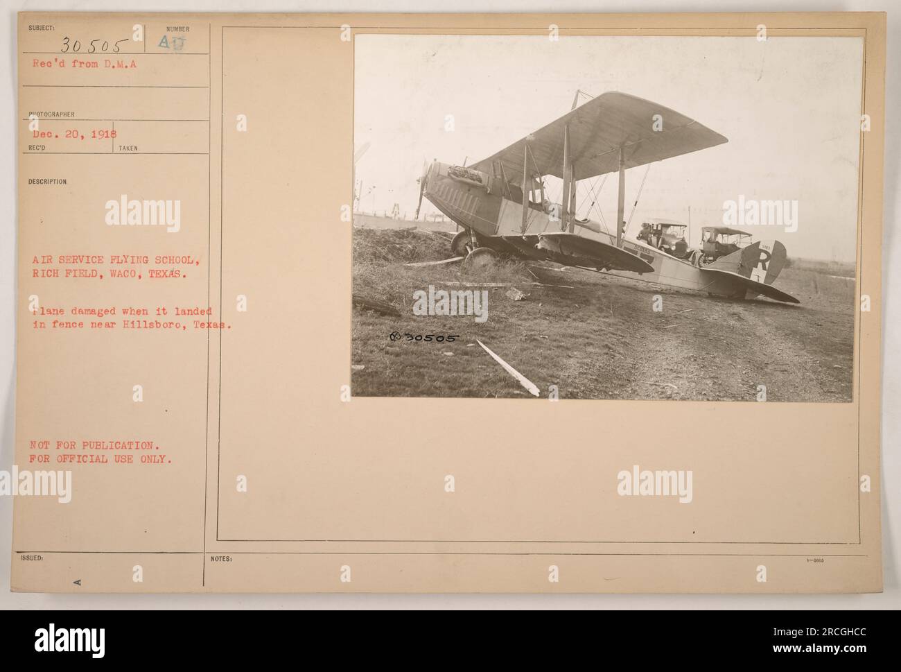 "Damaged plane at Rich Field, Waco, Texas after landing in a fence near ...