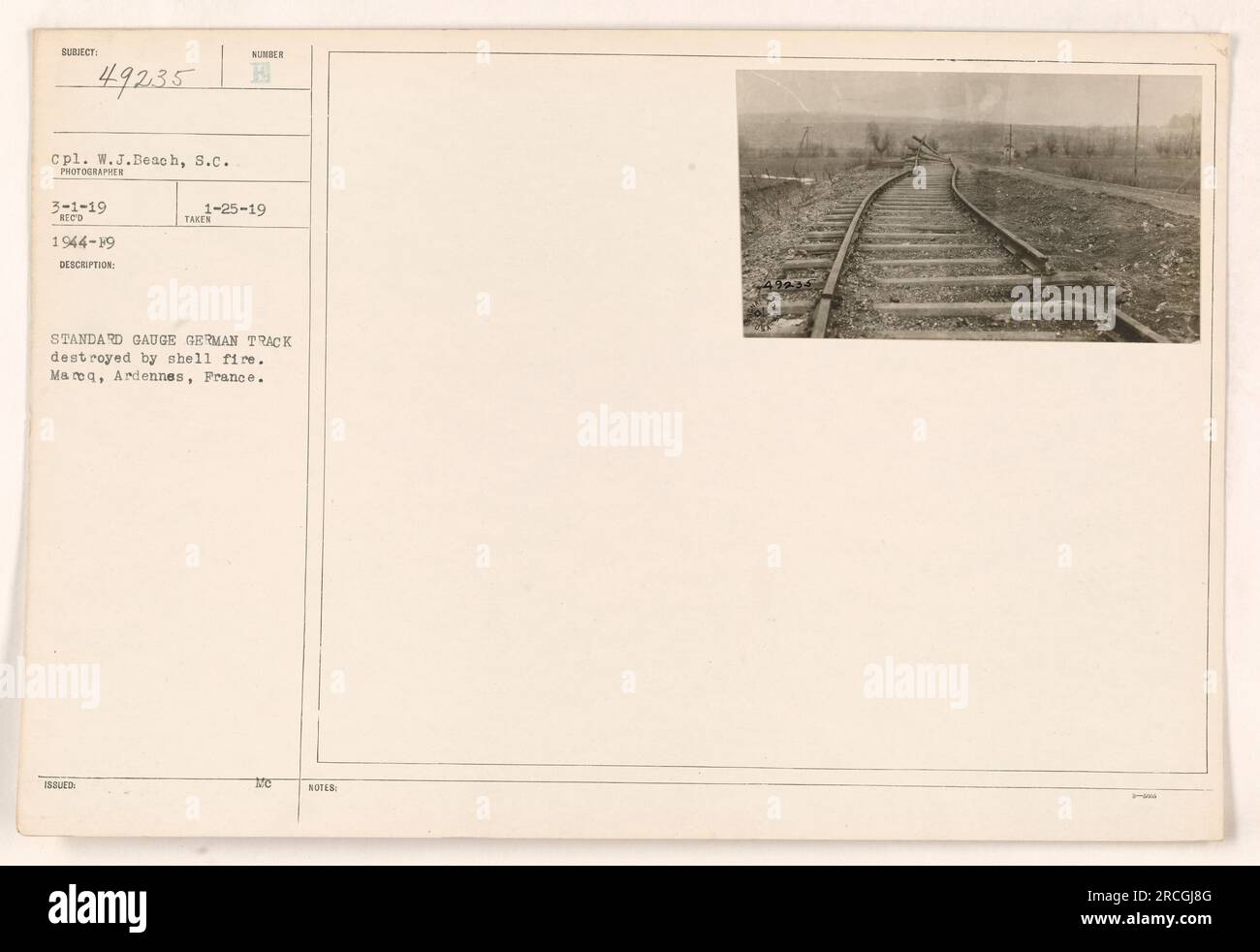 Standard gauge German track destroyed by shell fire in Marcq, Ardennes ...