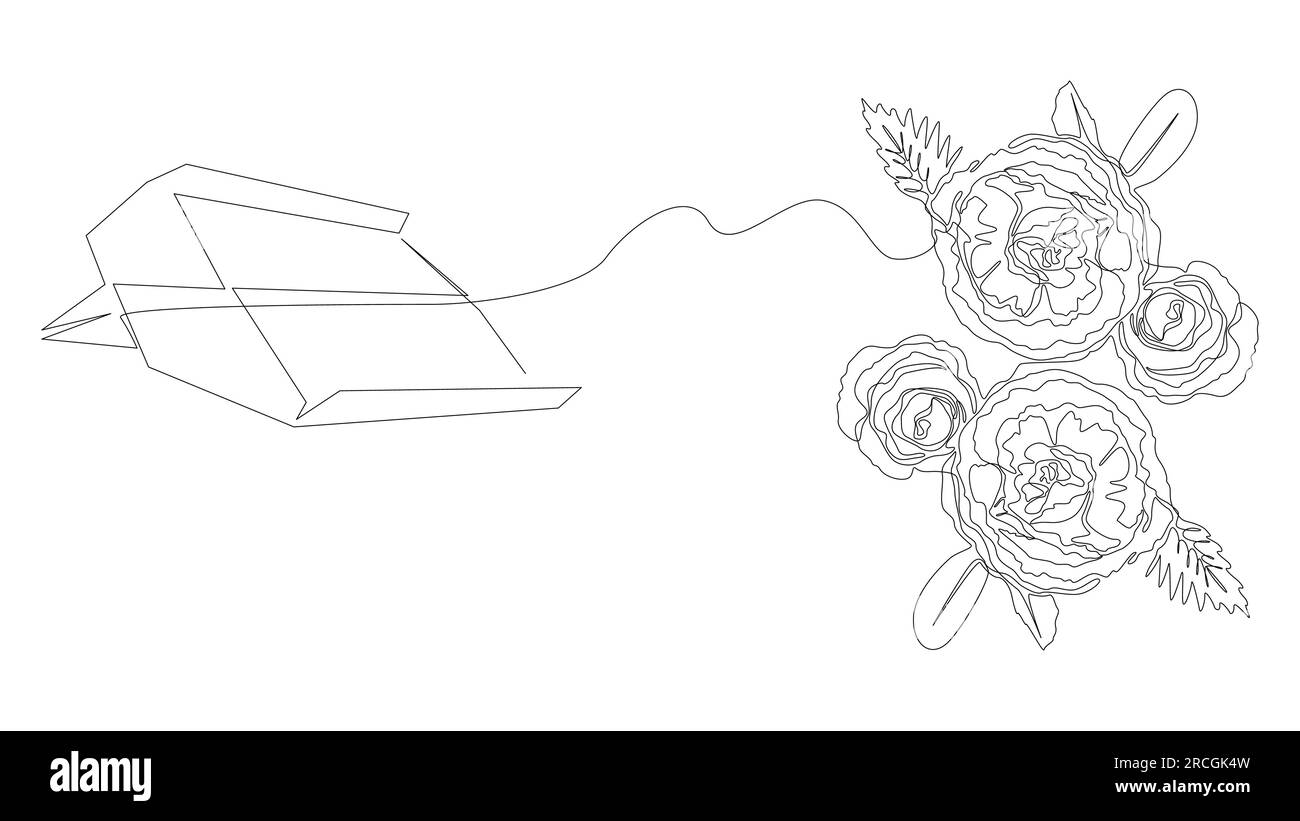 One continuous line of Paper Airplane with rose flowers. Thin Line ...