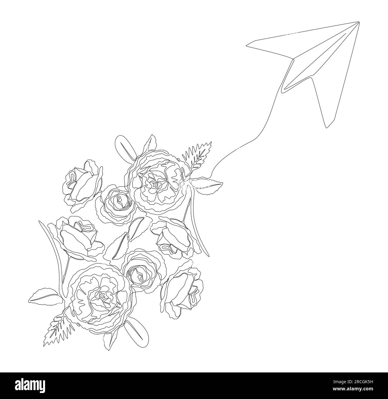 One continuous line of Paper Airplane with rose flowers. Thin Line ...
