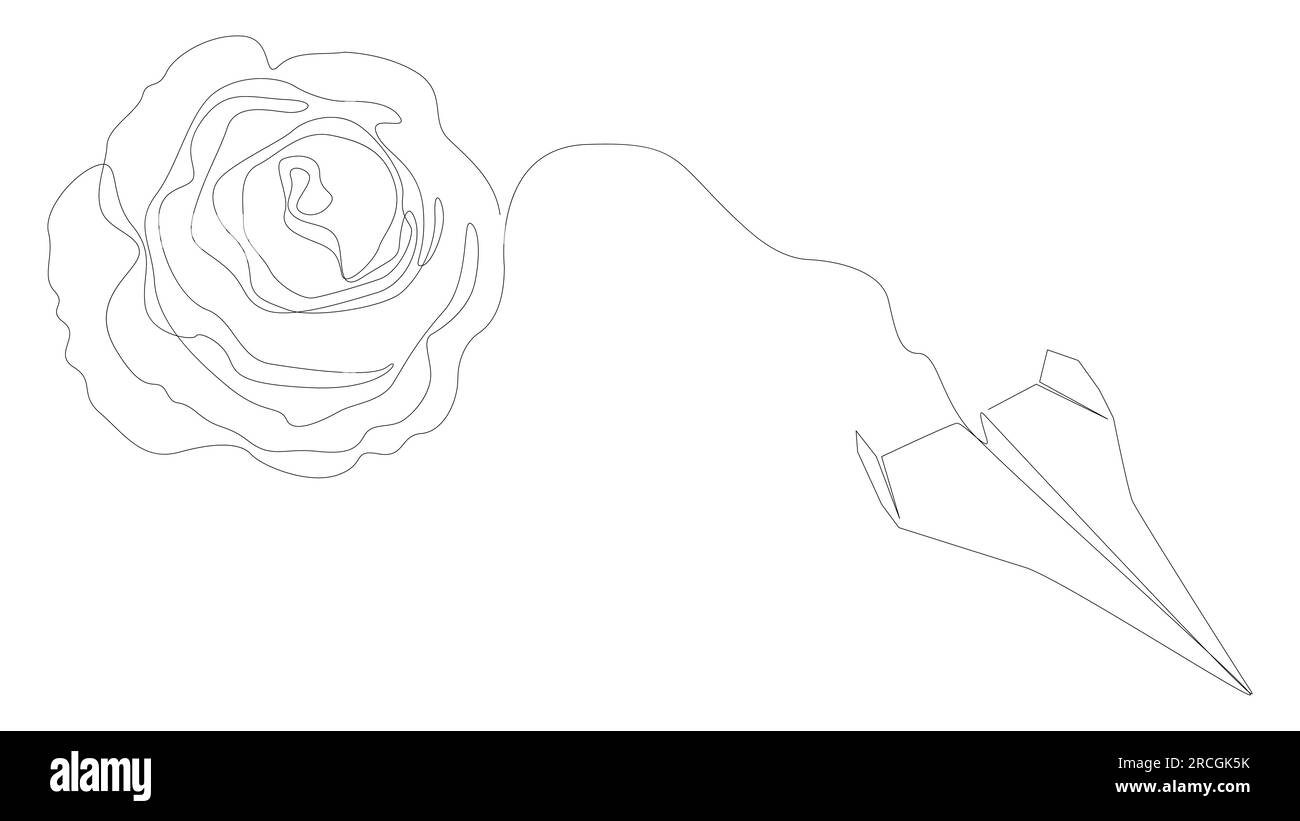 One continuous line of Paper Airplane with rose flowers. Thin Line ...