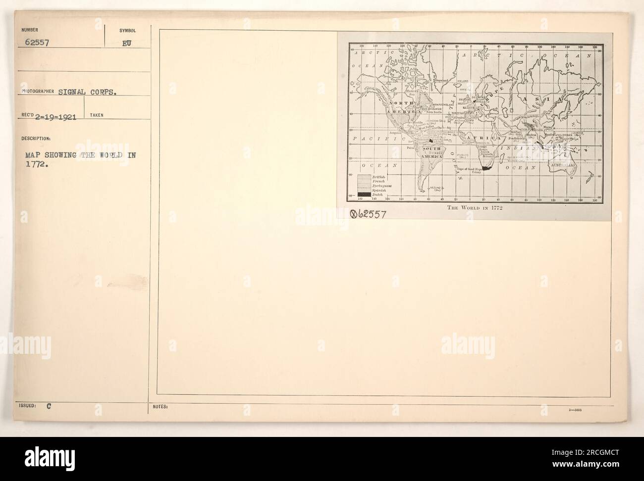 Caption: A map showing the world in 1772, taken by the Signal Corps ...