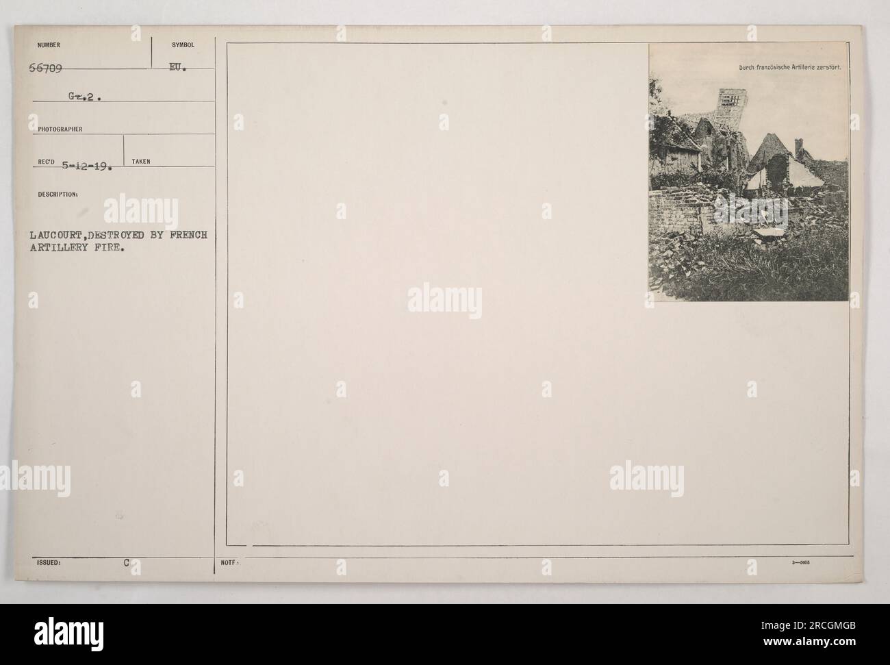 Image shows the aftermath of French artillery fire in Laucourt, a ...