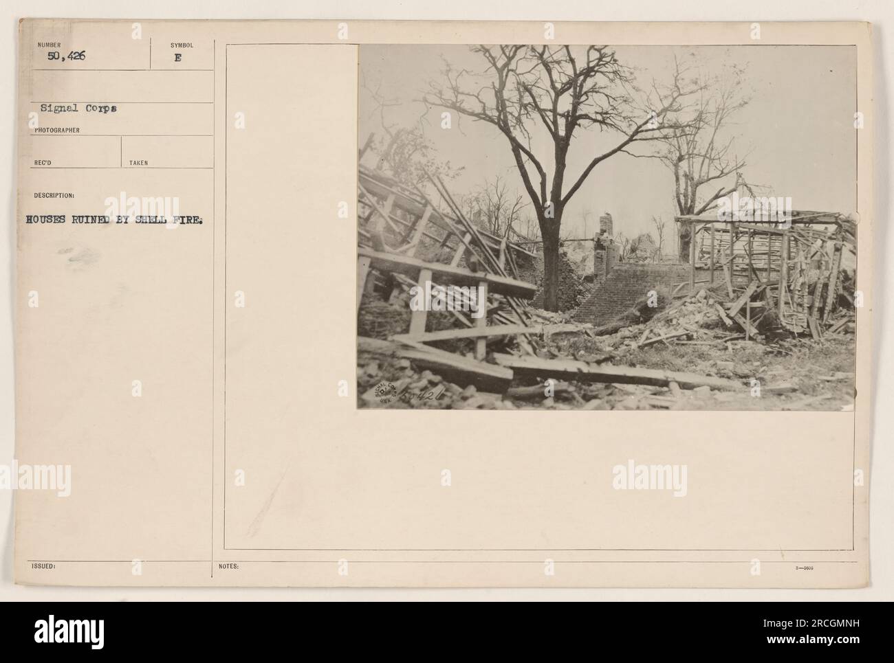 Houses destroyed by shell fire during World War One. The photograph ...
