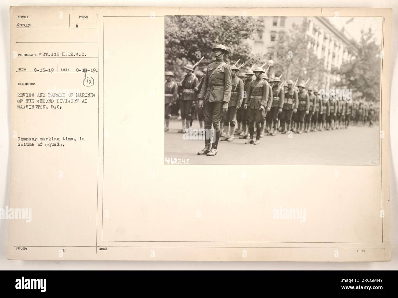 Marines of the Second Division marking time during a parade and review ...