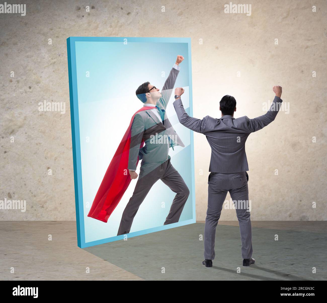 The businessman seeing himself in mirror as superhero Stock Photo - Alamy