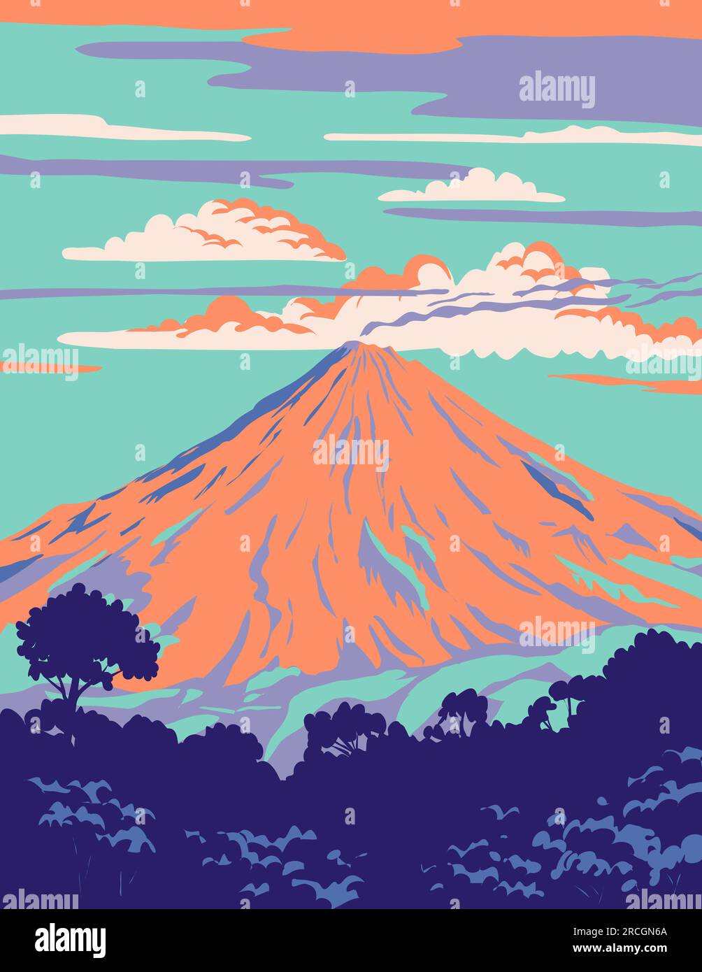 WPA poster art of Volcan de Colima or Volcan de Fuego within the Colima ...