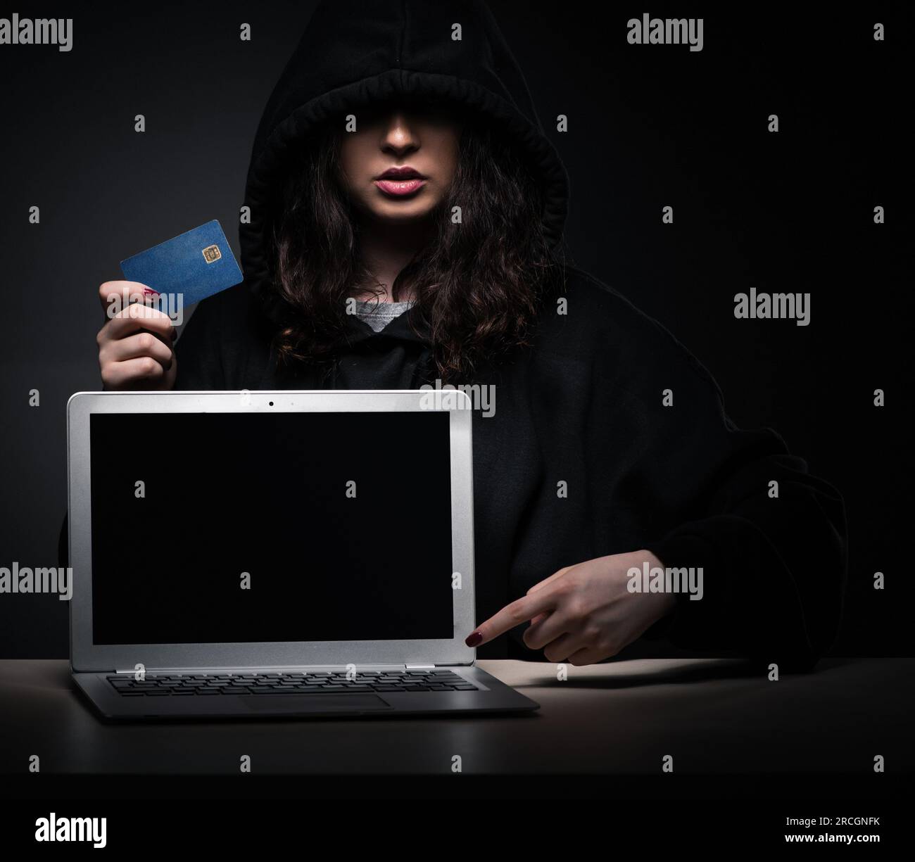 The female hacker hacking security firewall late in office Stock Photo ...