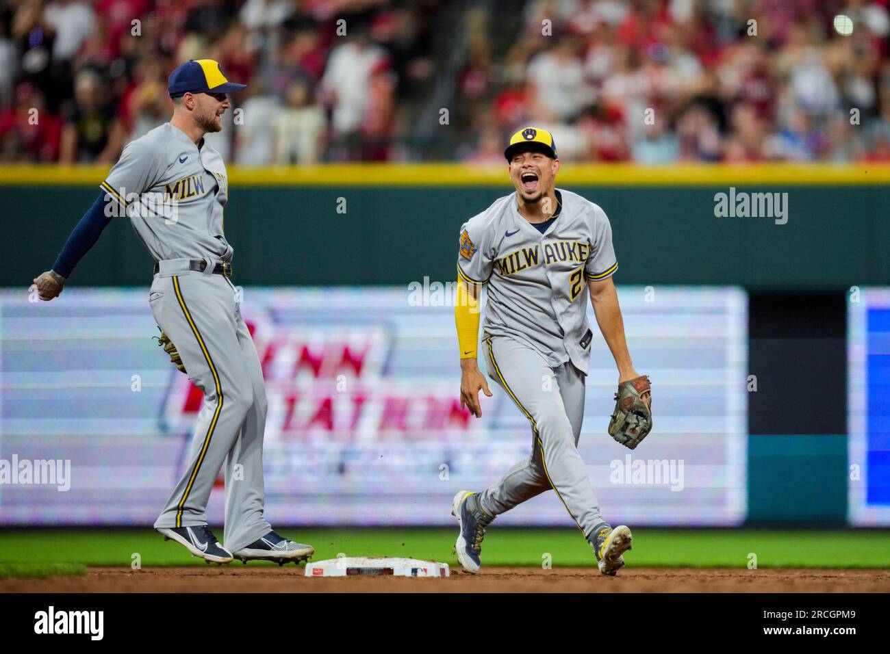 Milwaukee Brewers' Brice Turang, left, celebrates with Willy Adames ...