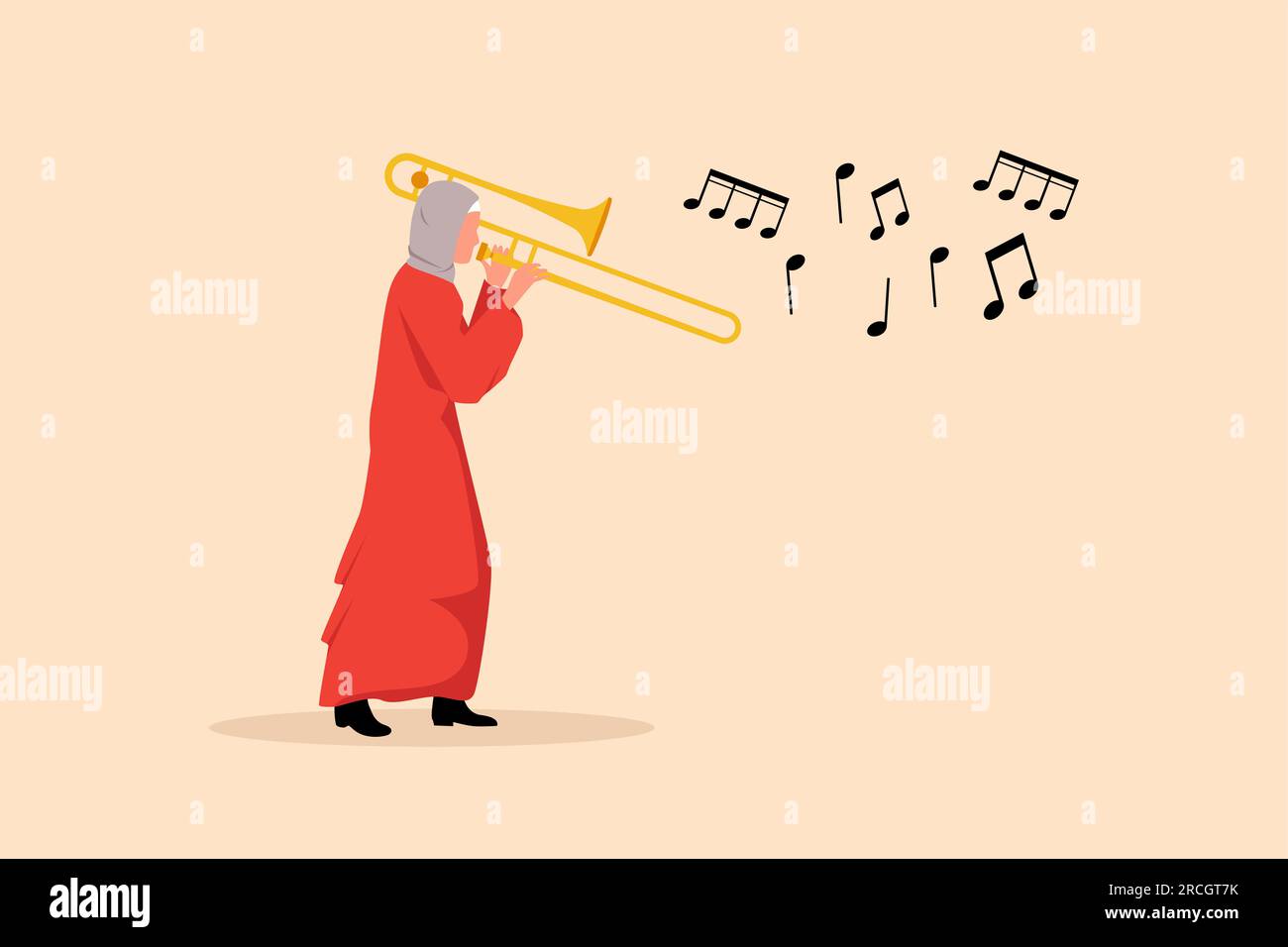 Business design drawing trombone player. Arab female performer play ...