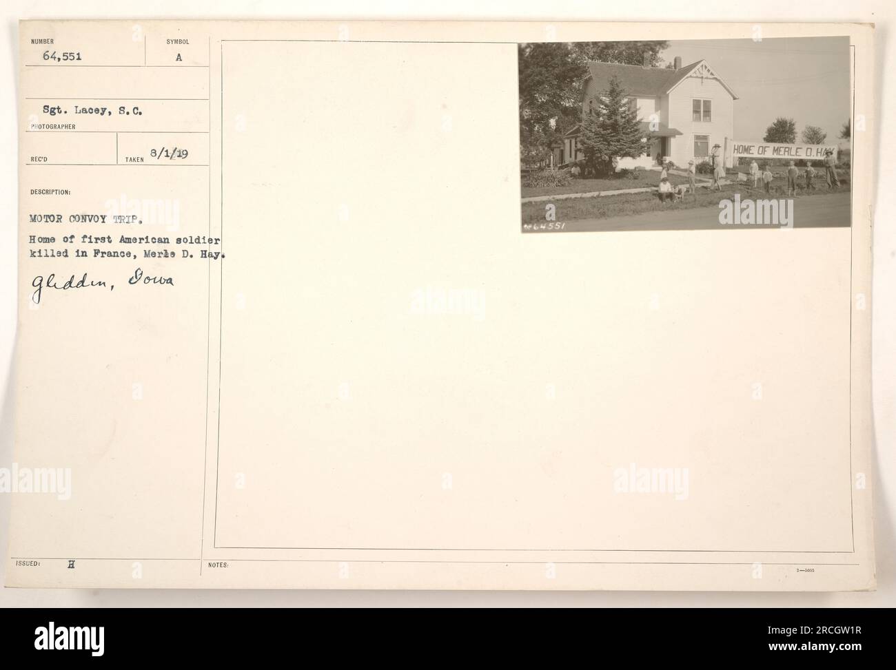 Motor convoy trip visiting the home of Merle D. Hay, the first American ...