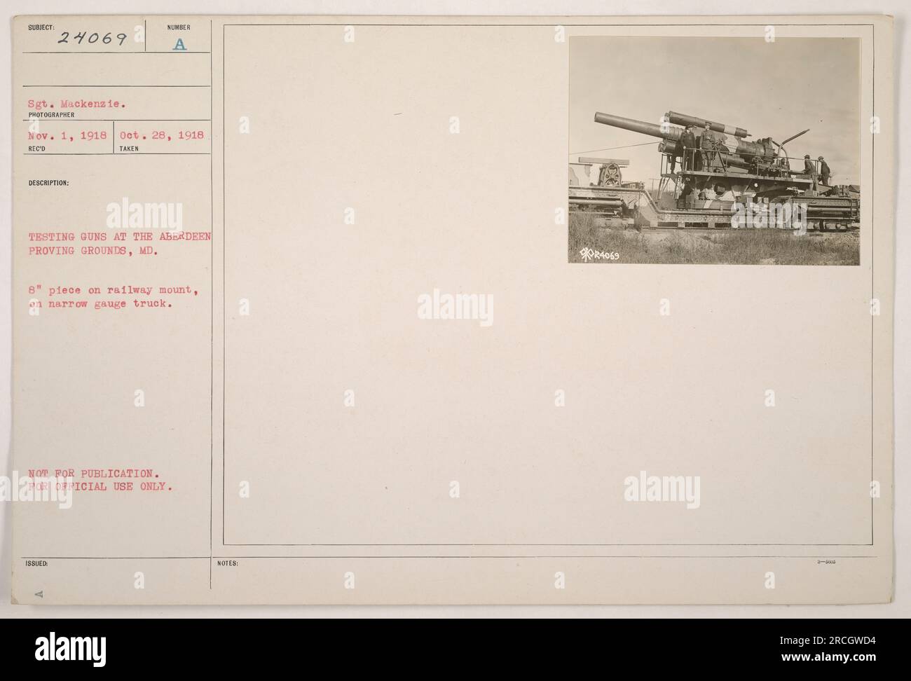 Sgt. Mackenzie testing an 8" piece on a railway mount at the Aberdeen ...