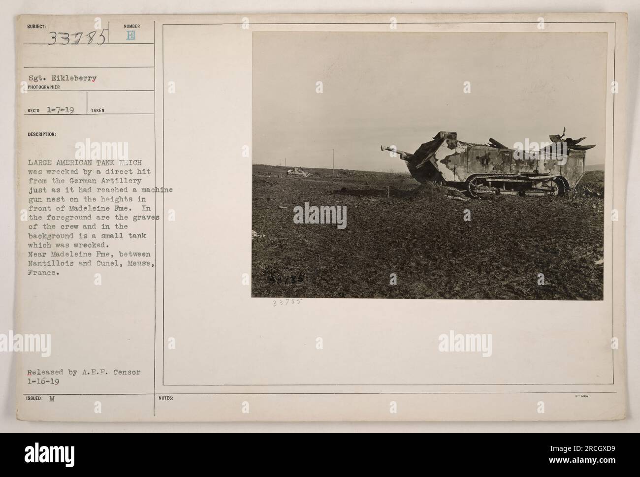 Large American tank wrecked by German artillery near Madeleine Fme ...