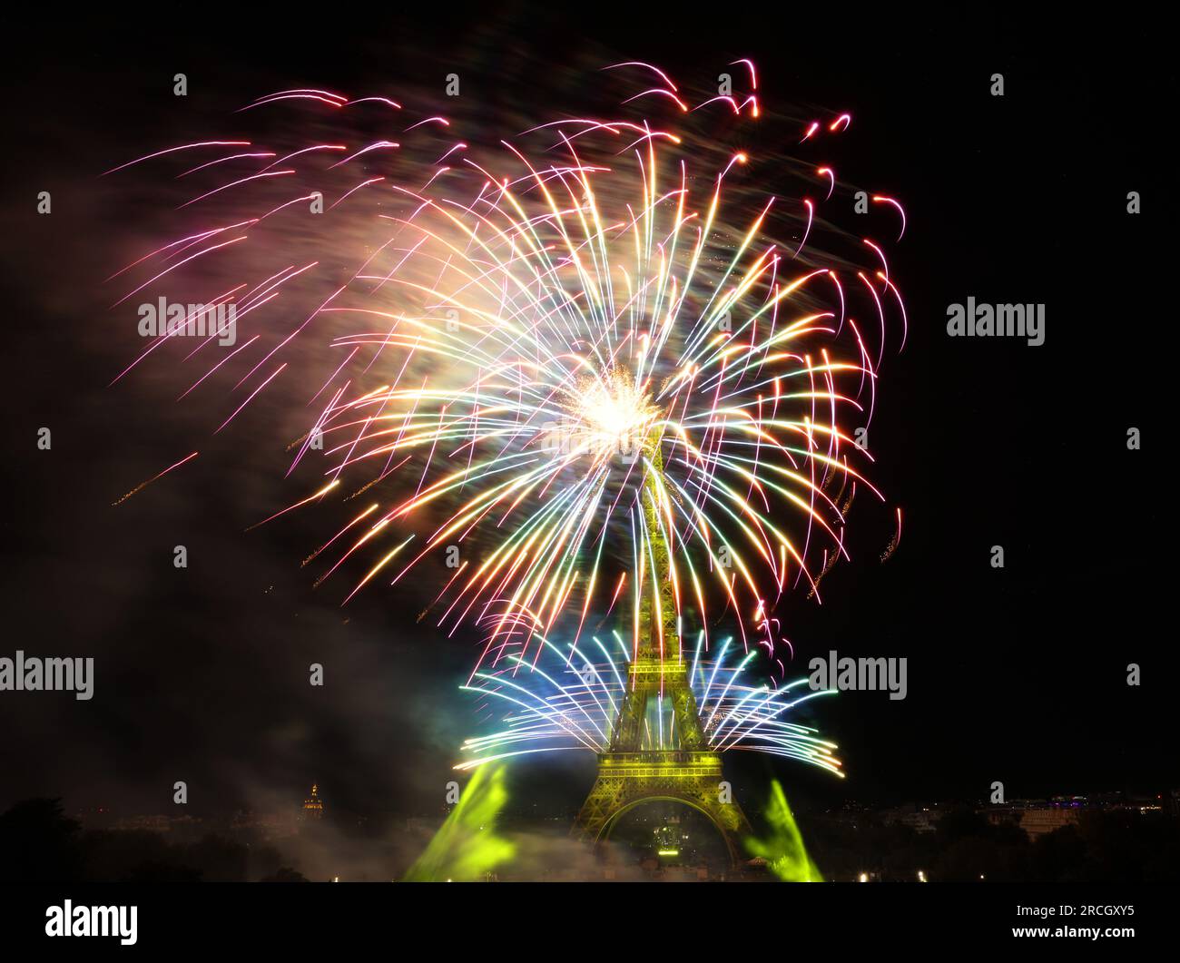 Paris, France. 14th July, 2023. Fireworks explode near the Eiffel Tower during the Bastille Day ...