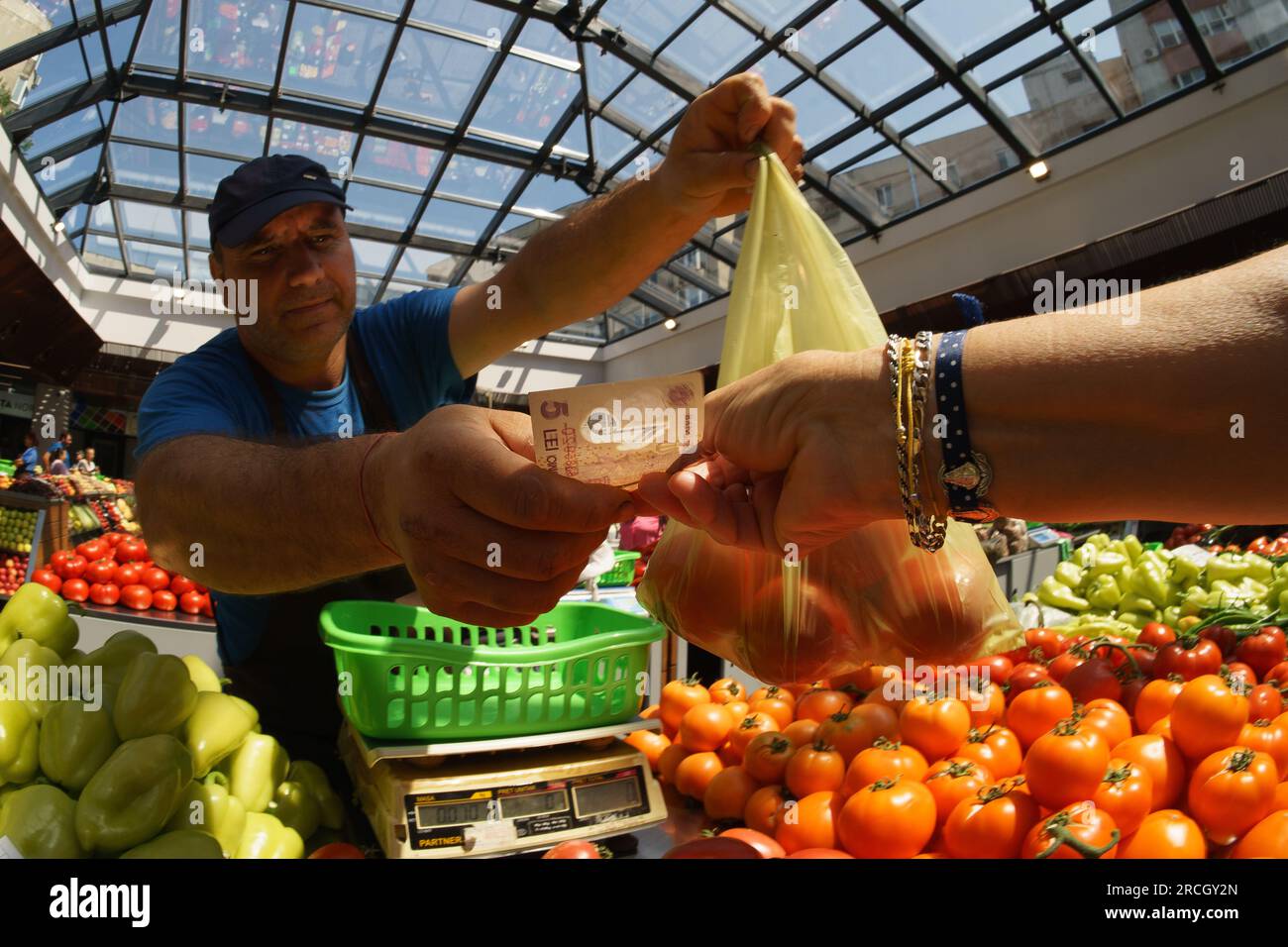 Bucharest, Romania. 14th July, 2023: Romanian farmer sells tomatoes ...