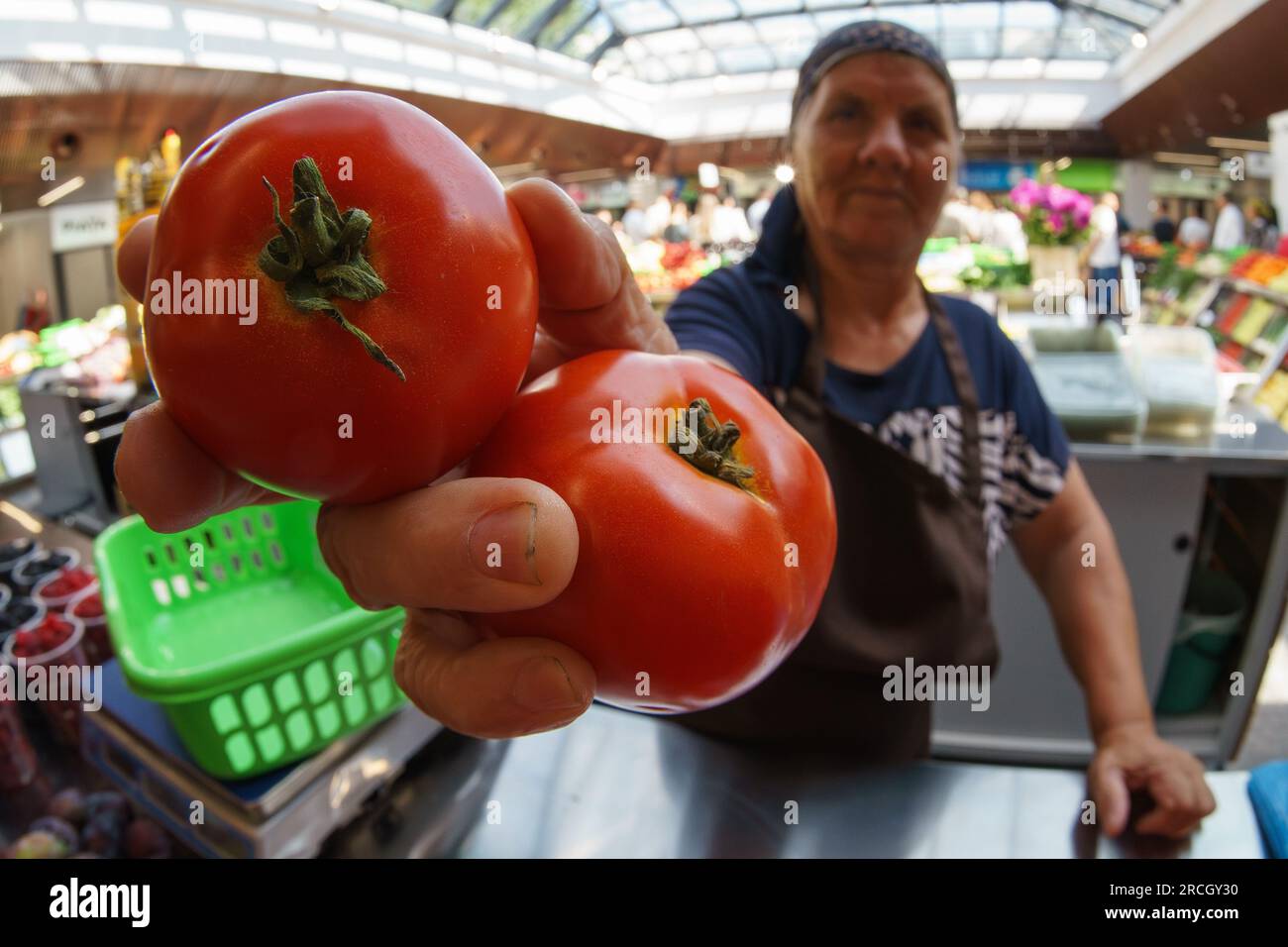 Bucharest, Romania. 14th July, 2023: Woman Romanian farmer shows ...