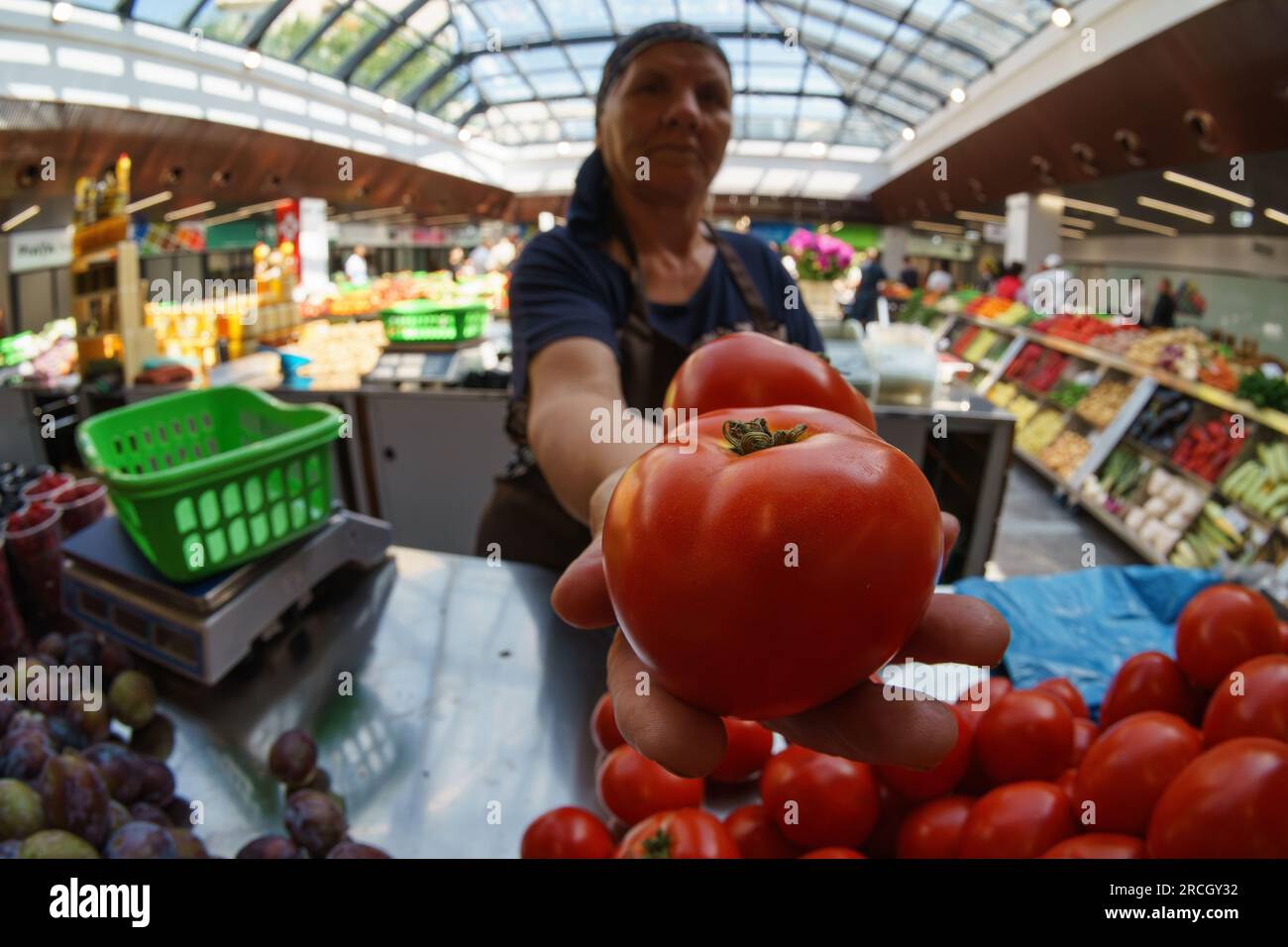 Bucharest, Romania. 14th July, 2023: Woman Romanian farmer shows ...