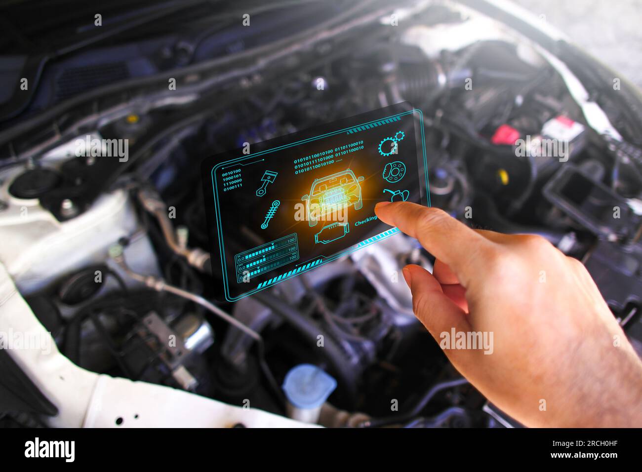 Auto mechanic checking ECU engine system with OBD2 wireless scanning ...