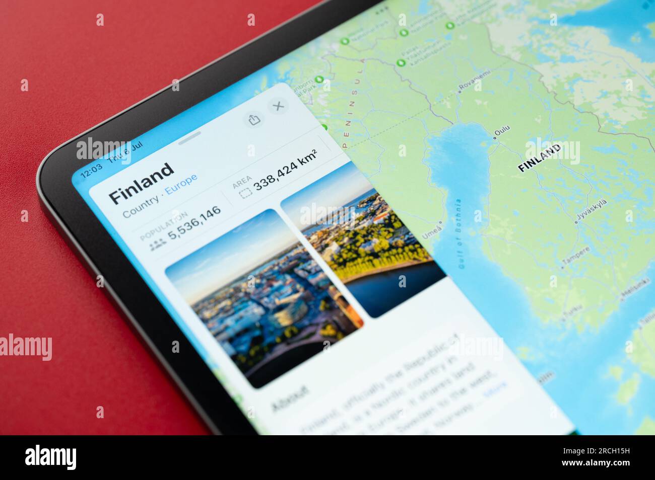 New York, USA - July 6, 2023: About Finland country in digital map ipad ...