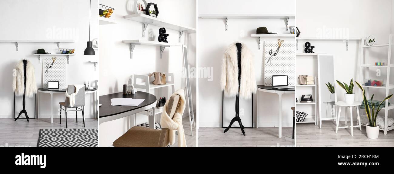 Collage of light atelier interior with tailor's workplace, shelves and ...