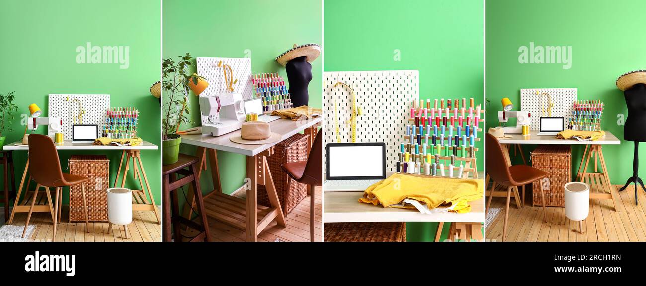 Collage of tailor's workplace in modern interior of atelier Stock Photo ...