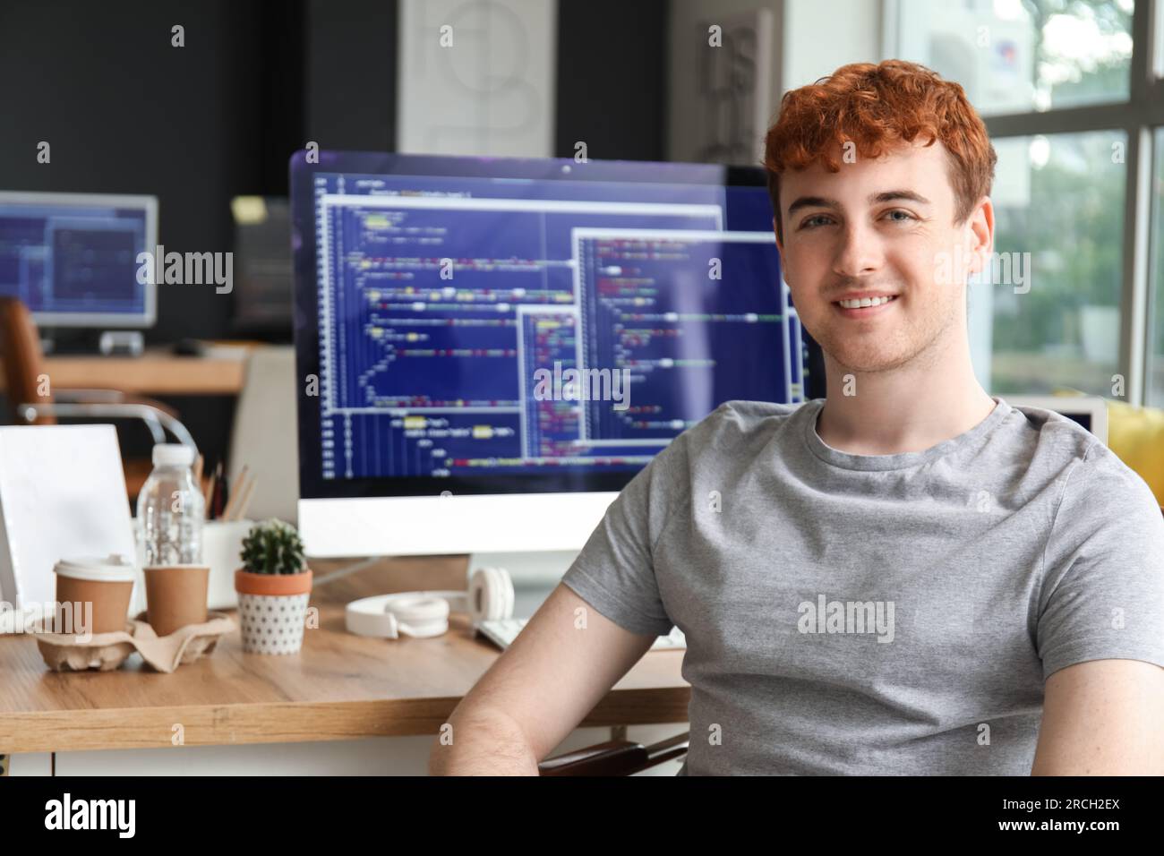 Male programmer working at table in office Stock Photo - Alamy