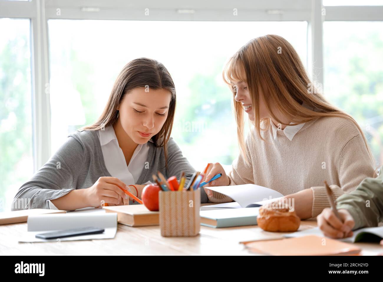 Female students studying at table in classroom Stock Photo - Alamy
