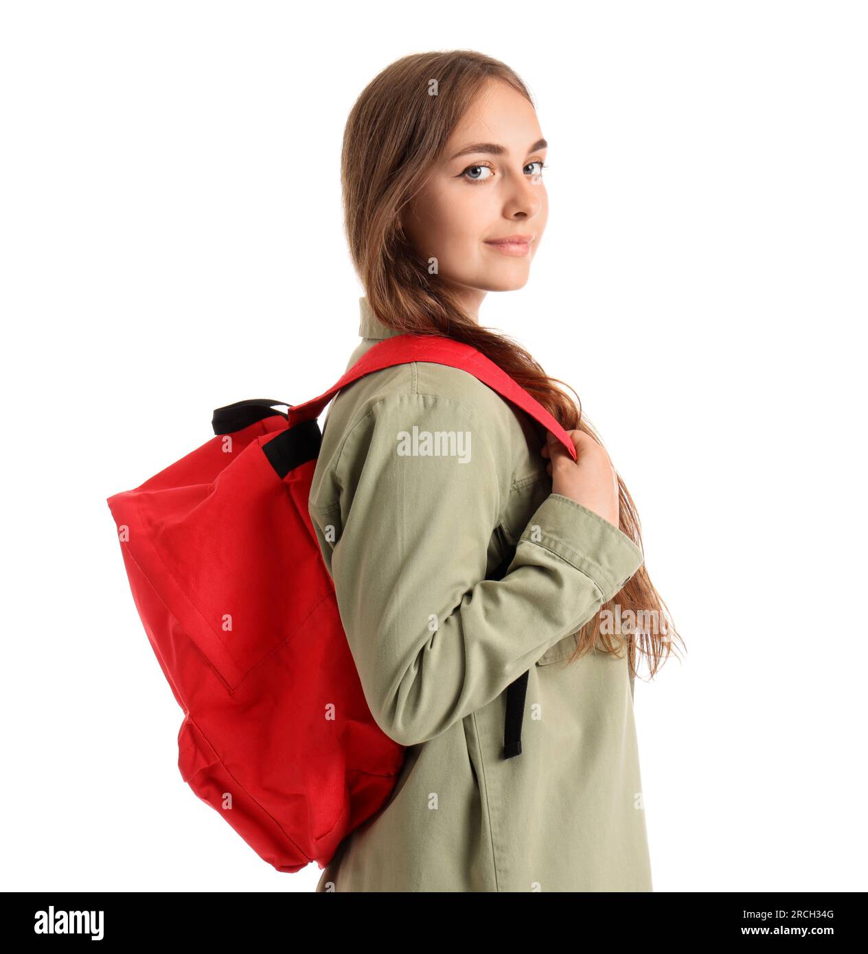 Female student with backpack on white background Stock Photo - Alamy