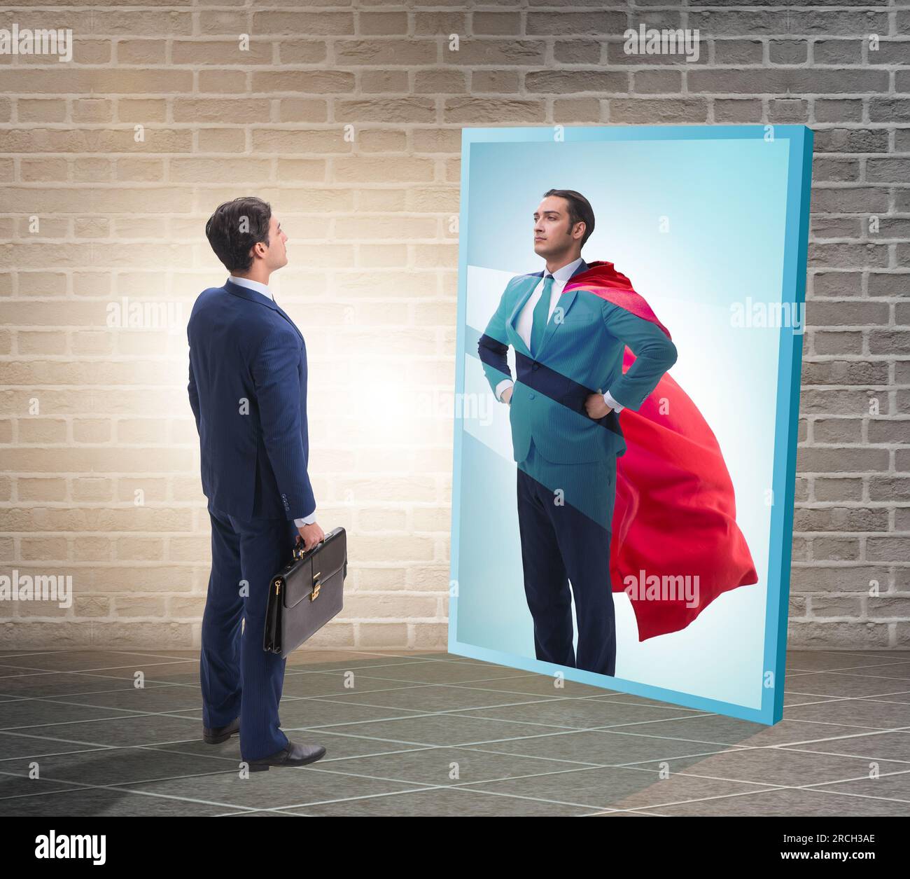 The businessman seeing himself in mirror as superhero Stock Photo - Alamy