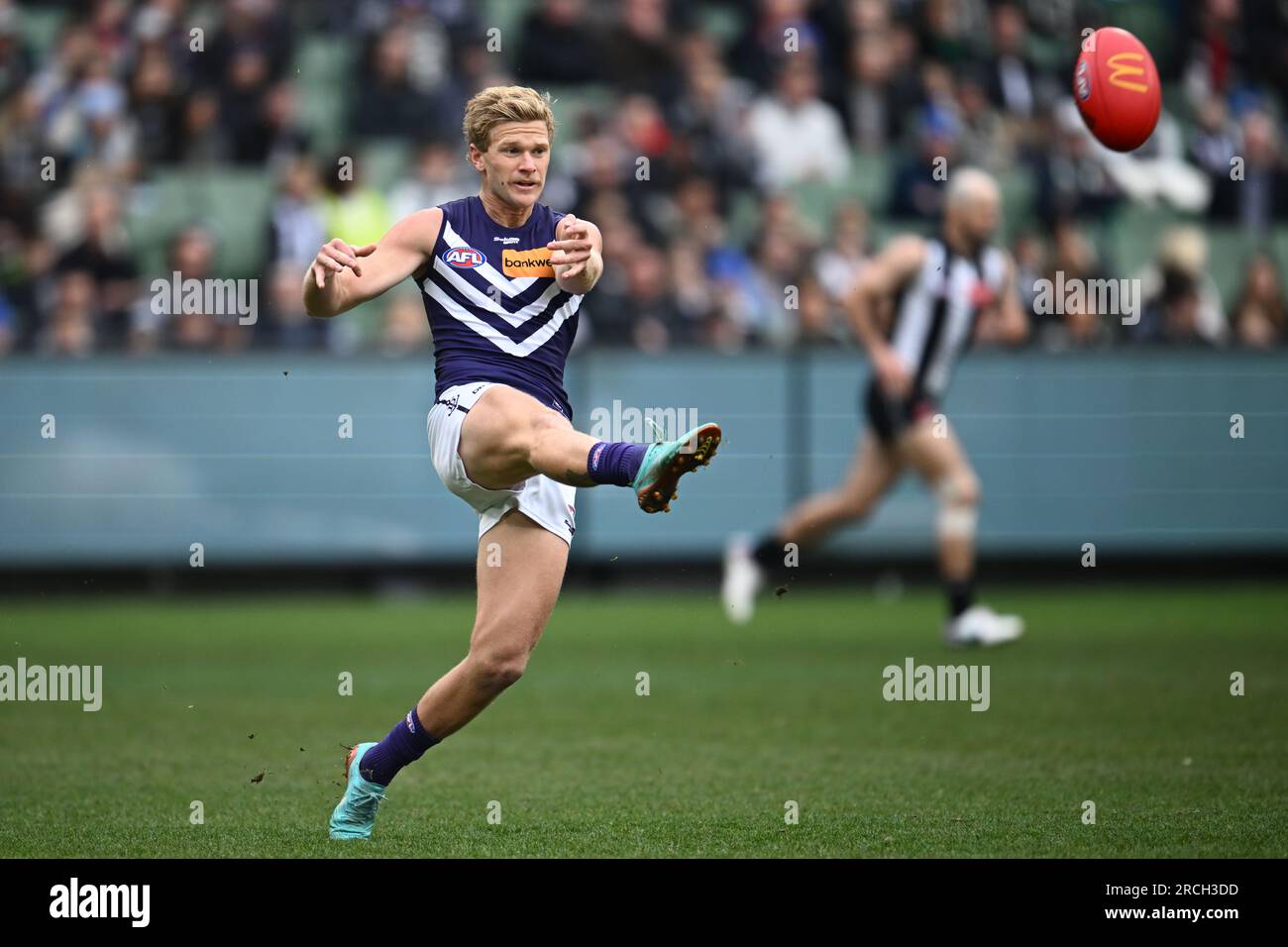 Melbourne, Australia. 15th July, 2023. Corey Wagner of Fremantle kicks ...