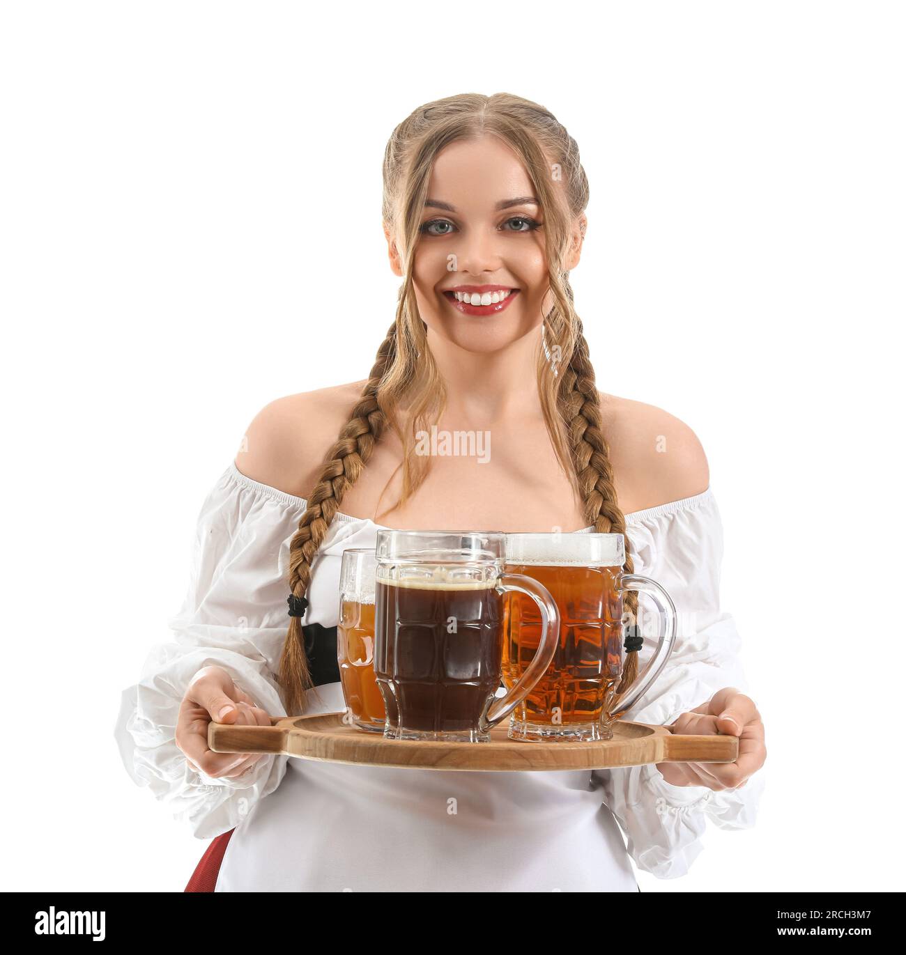 Beautiful Octoberfest waitress with beer on white background Stock ...