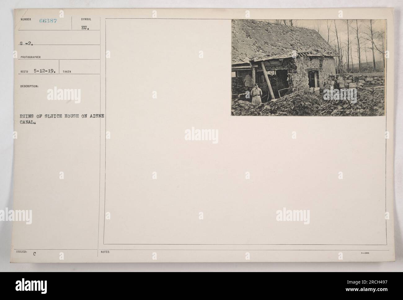 Ruins of a sluice house on Aisne Canal, numbered 66387 G-2. The ...
