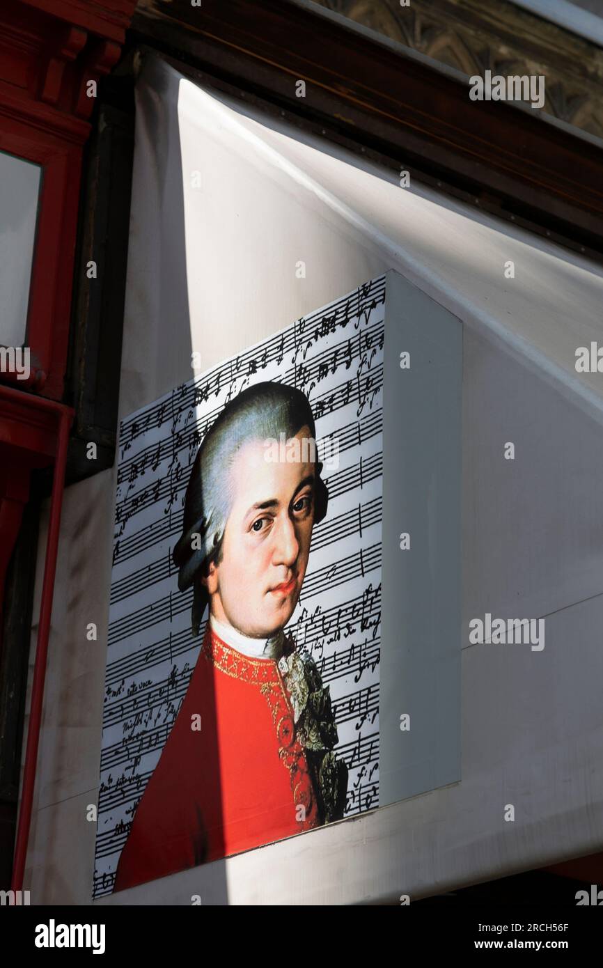 Portrait of Wolfgang Amadeus Mozart on the wall of the building Stock ...