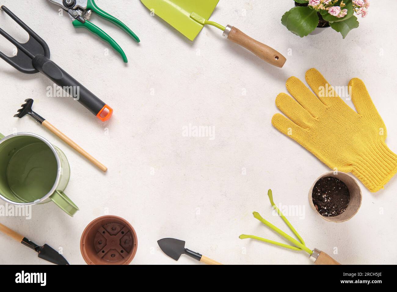 Frame made of different gardening tools on light background Stock Photo ...