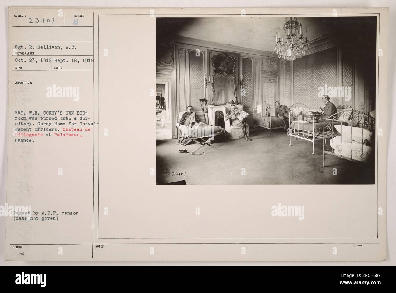 Soldiers resting in the converted bedroom of Mrs. W.E. Corey's home ...