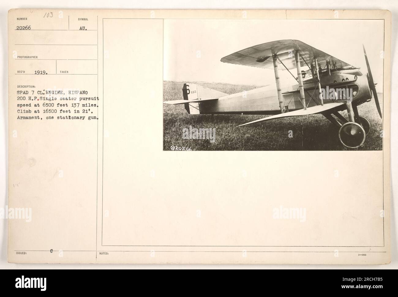 The image shows a SPAD 7 CL engine, a single-seater pursuit airplane ...