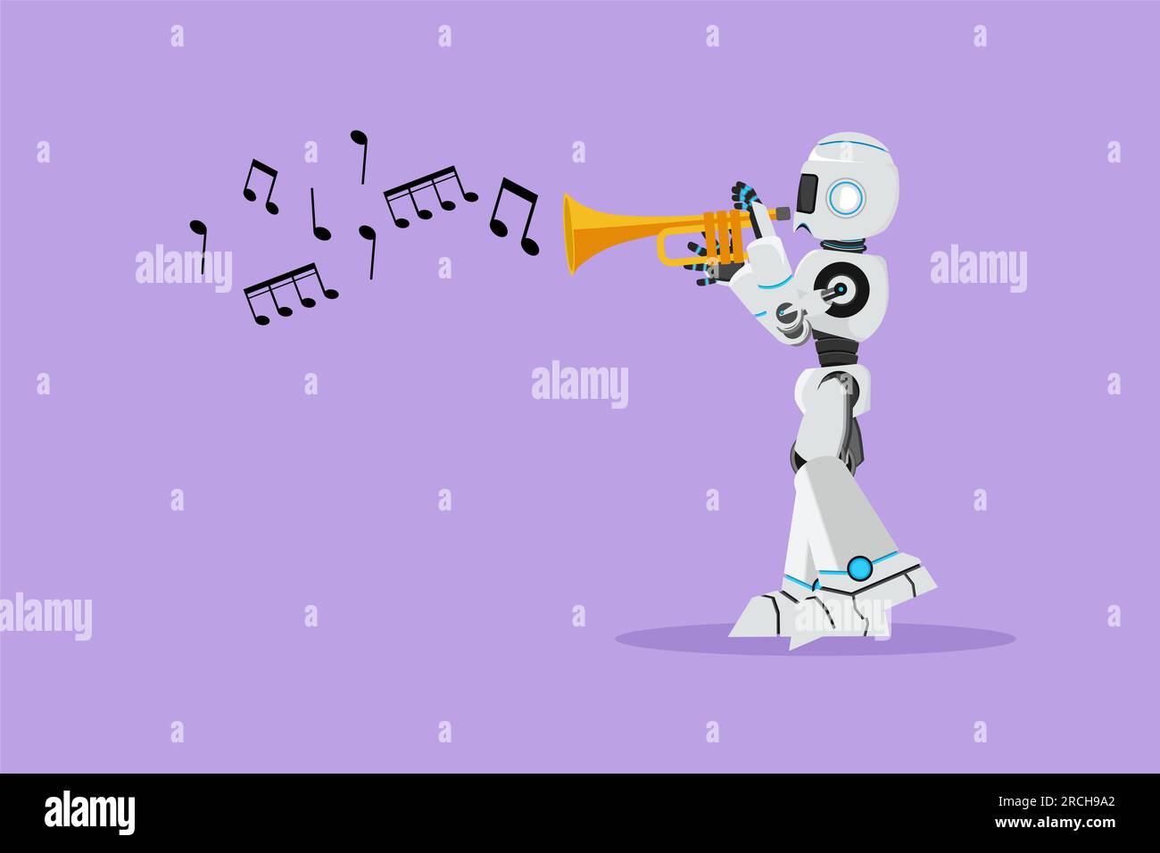 Flat cartoon style drawing robot playing trumpet at jazz music ...