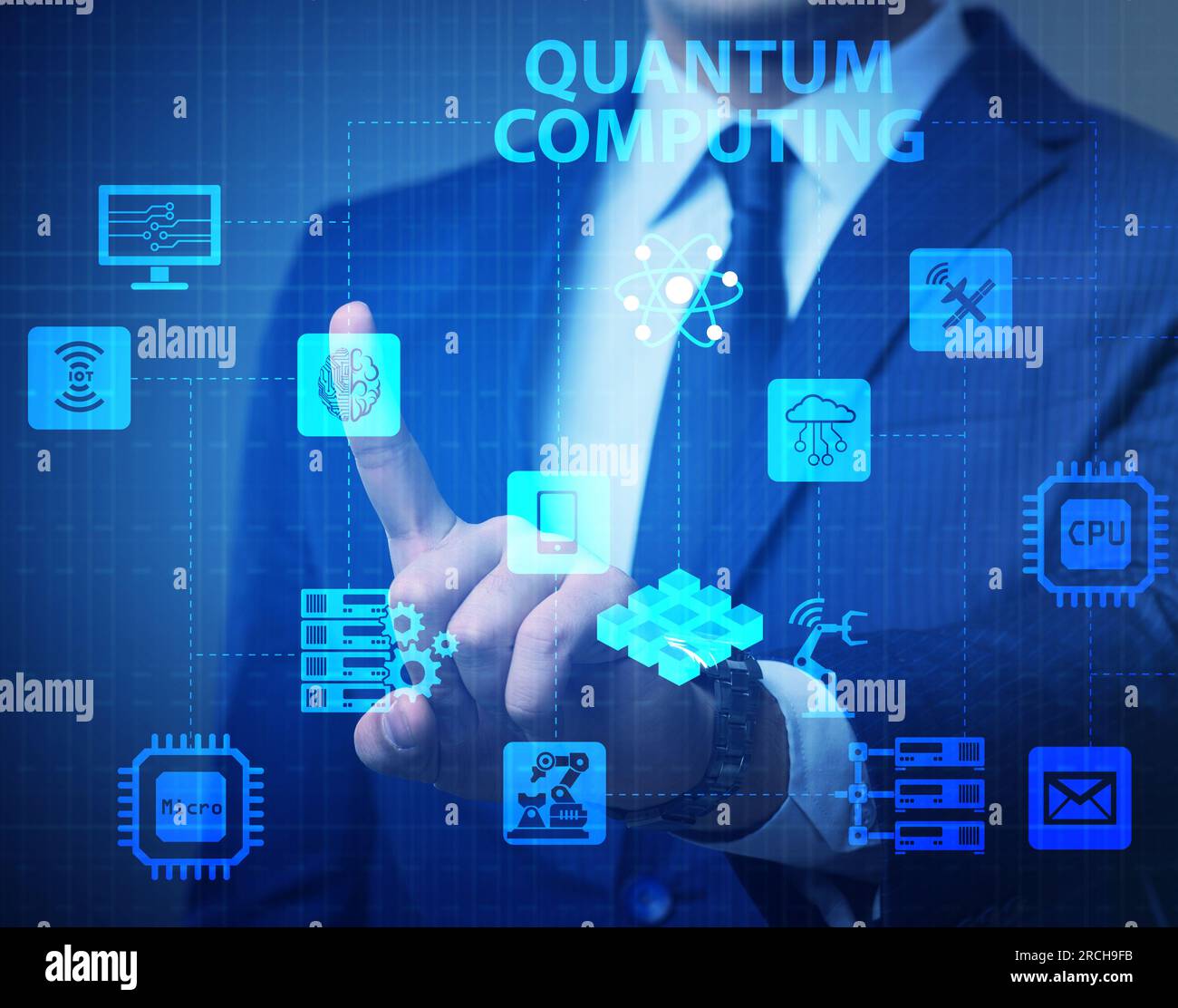 The businessman pressing virtual button in quantum computing concept ...