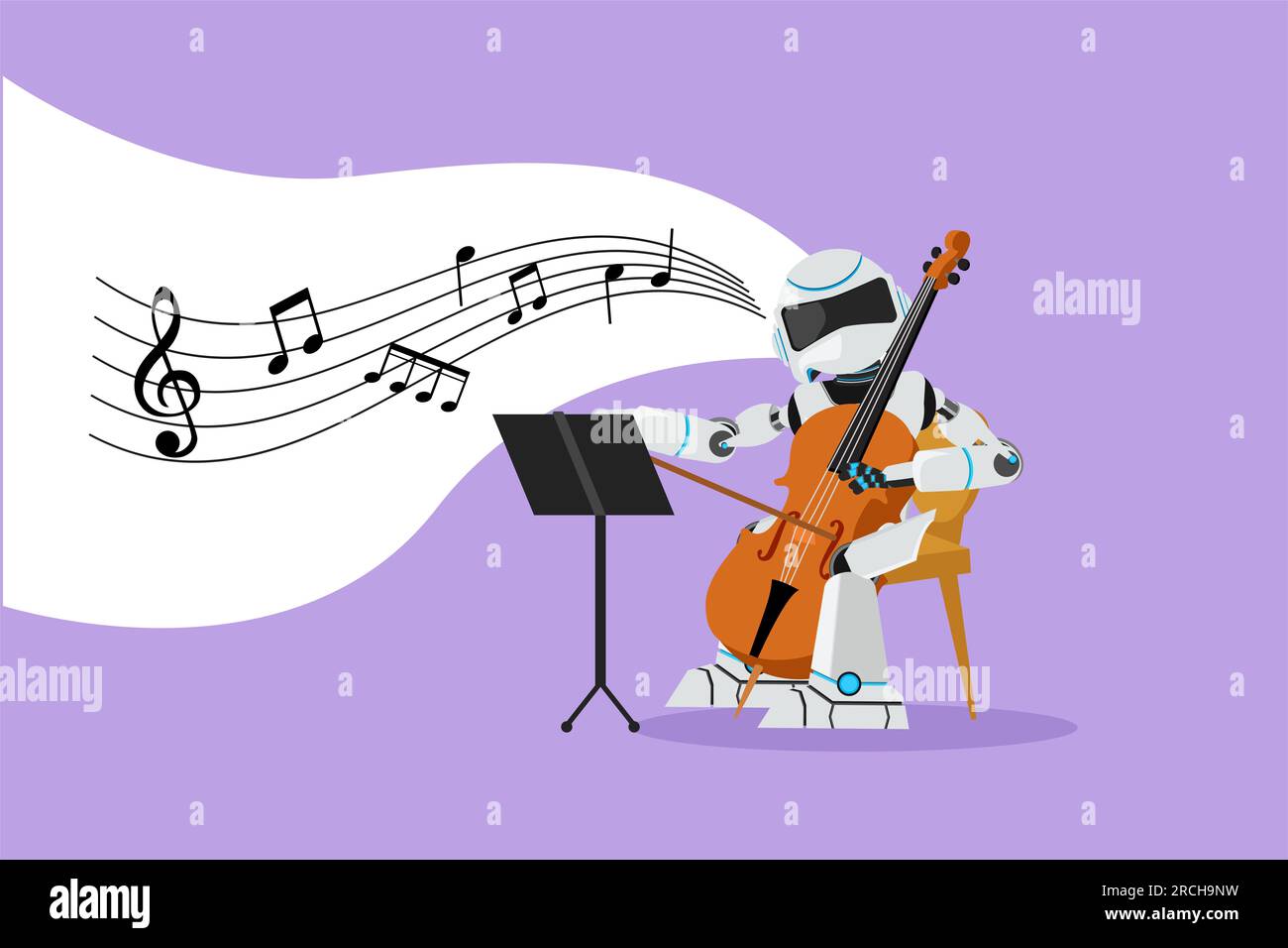 Flat cartoon style drawing robot musician playing stringed contrabass ...
