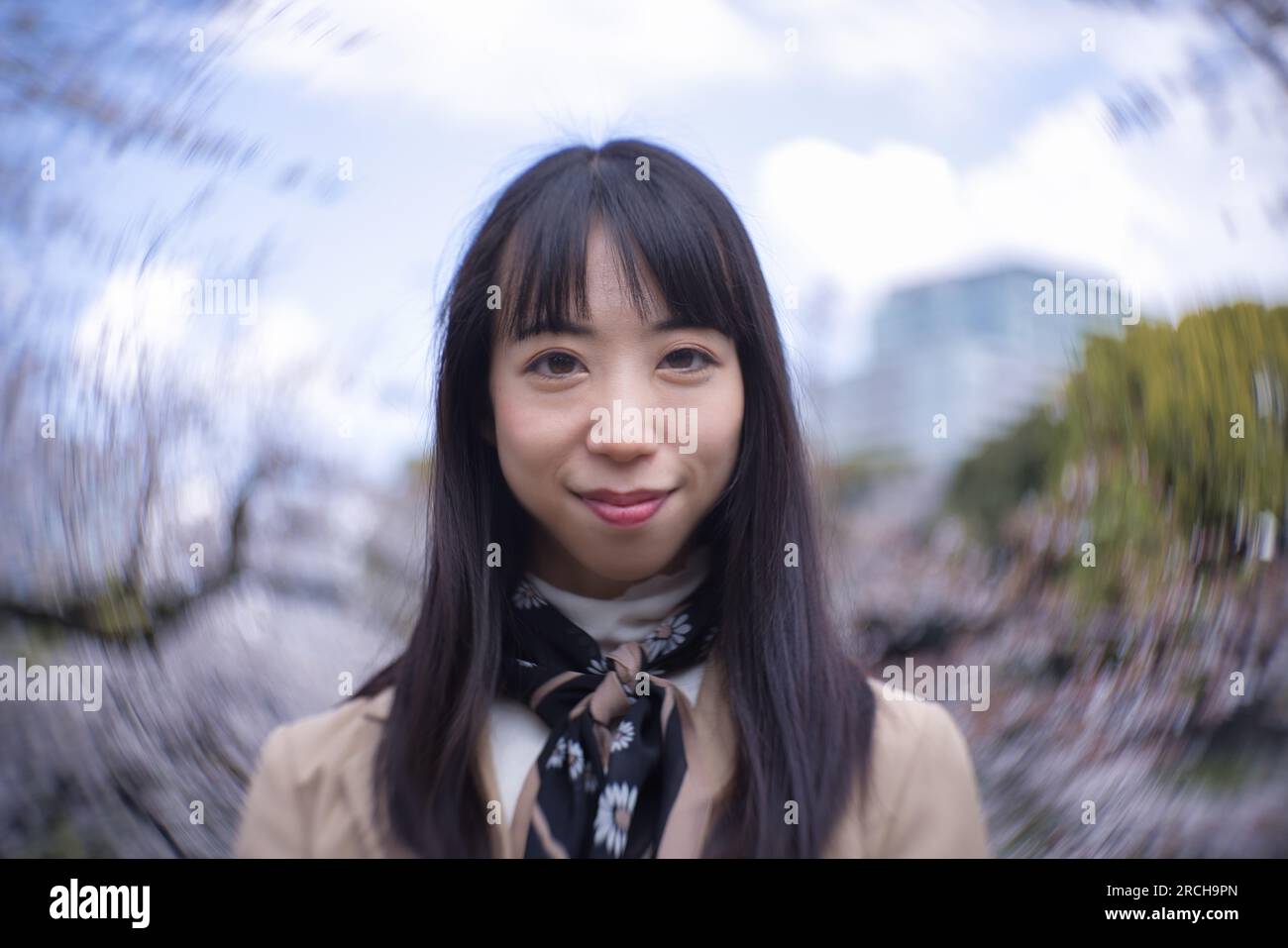 A swirly portrait of Japanese woman behind cherry blossom closeup Stock ...