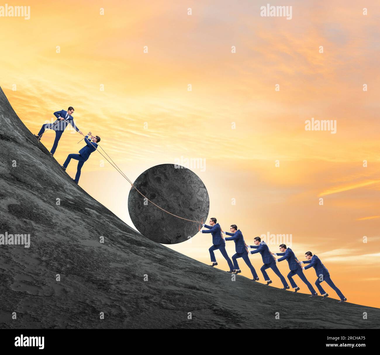 The teamwork example with business people pushing stone to top Stock ...